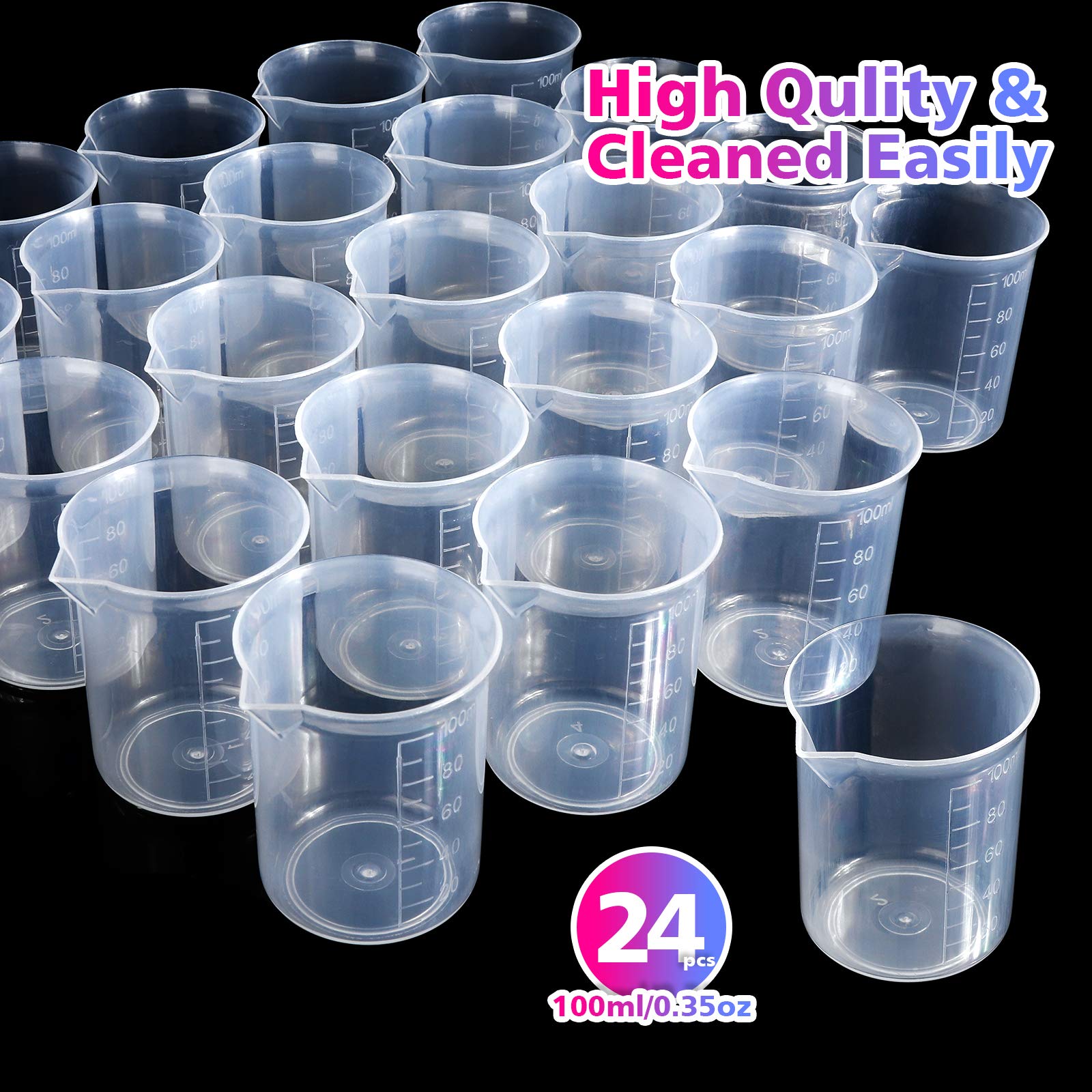 LEOBRO 24 PCS 100ml Resin Measuring Cups with 35PCS Mixing Sticks, Graduated Epoxy Resin Mixing Cups, Small Beaker, Plastic Measuring Cup for Epoxy Resin, Paint, Art Craft, Soap Candle Tumbler Making
