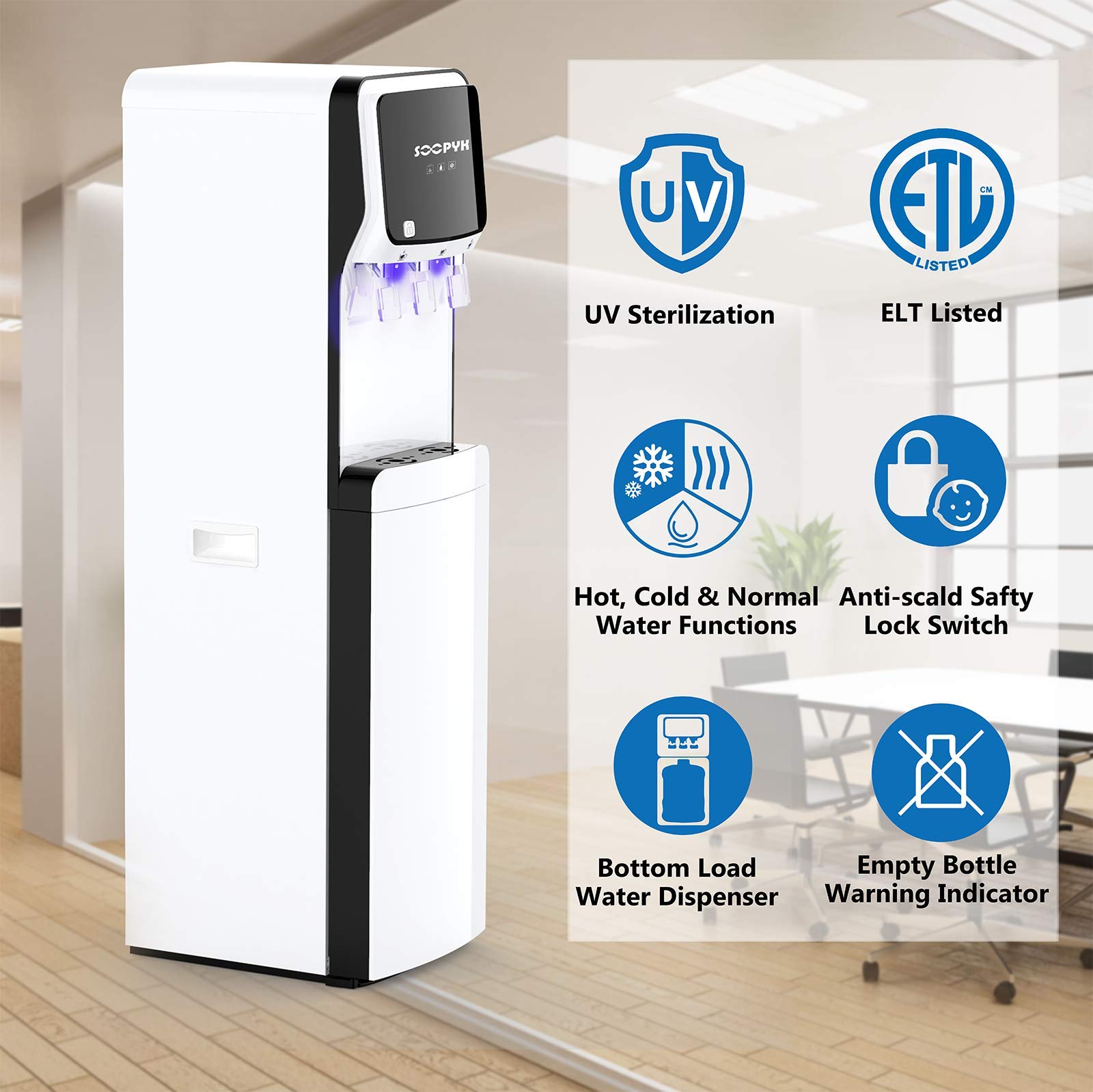 SOOPYK Water Dispenser Cooler Bottom Load Loading with 3 Temperatures Setting 3-5 Gallon Self Cleaning Cold and Hot Water Durable Steel Frame Child Safety Lock Removable Drip Tray for Home Office