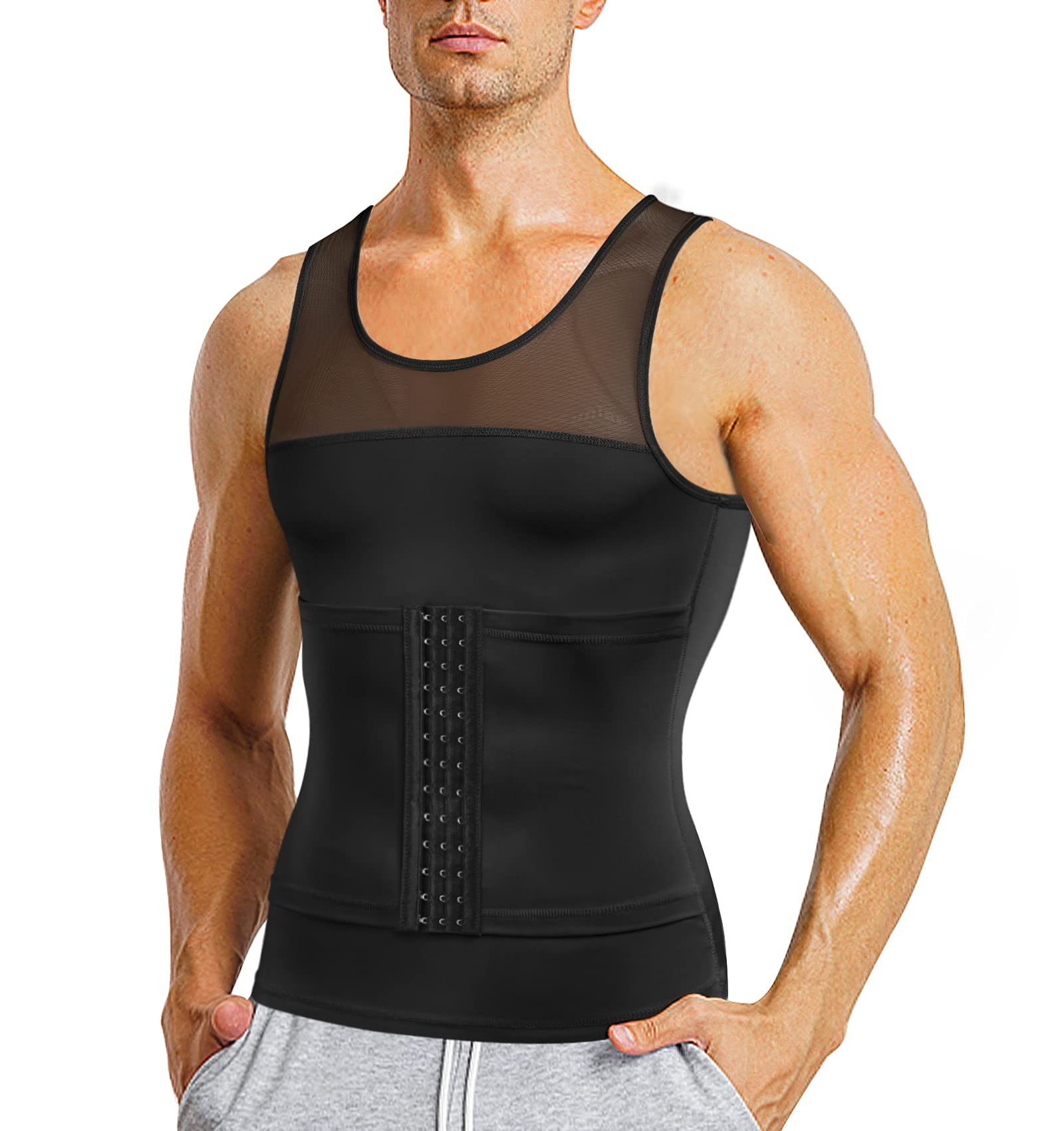 MOLUTAN Mens Compression Shirt Slimming Body Shaper Vest Sleeveless Waist Traner Workout Tank Top Tummy Control Shapewear (Black, Large)