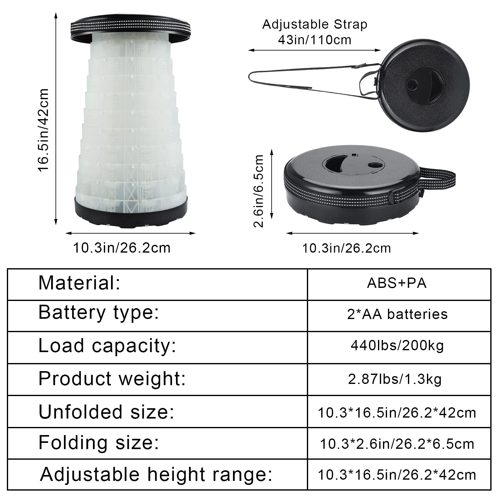 Retractable Folding Stool Portable Stool Collapsible Stool with LED Light 1 Second Open More Sturdy Telescoping Stool Load Capacity 400lbs for Outdoor Fishing Camping Hiking Travelling (Black)