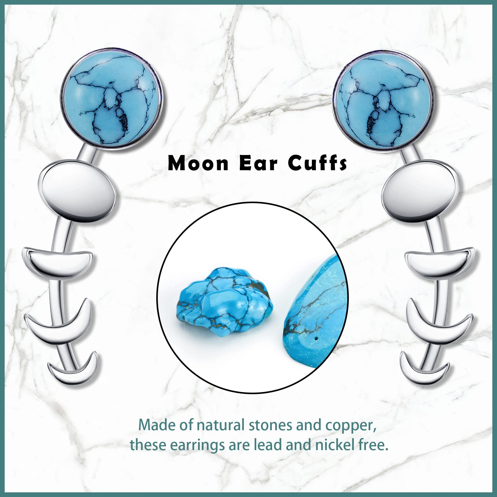 Moon Earrings Ear Wrap Climber Crawler Hook Earrings Moon Phase Silver Ear Cuffs for Women Blue