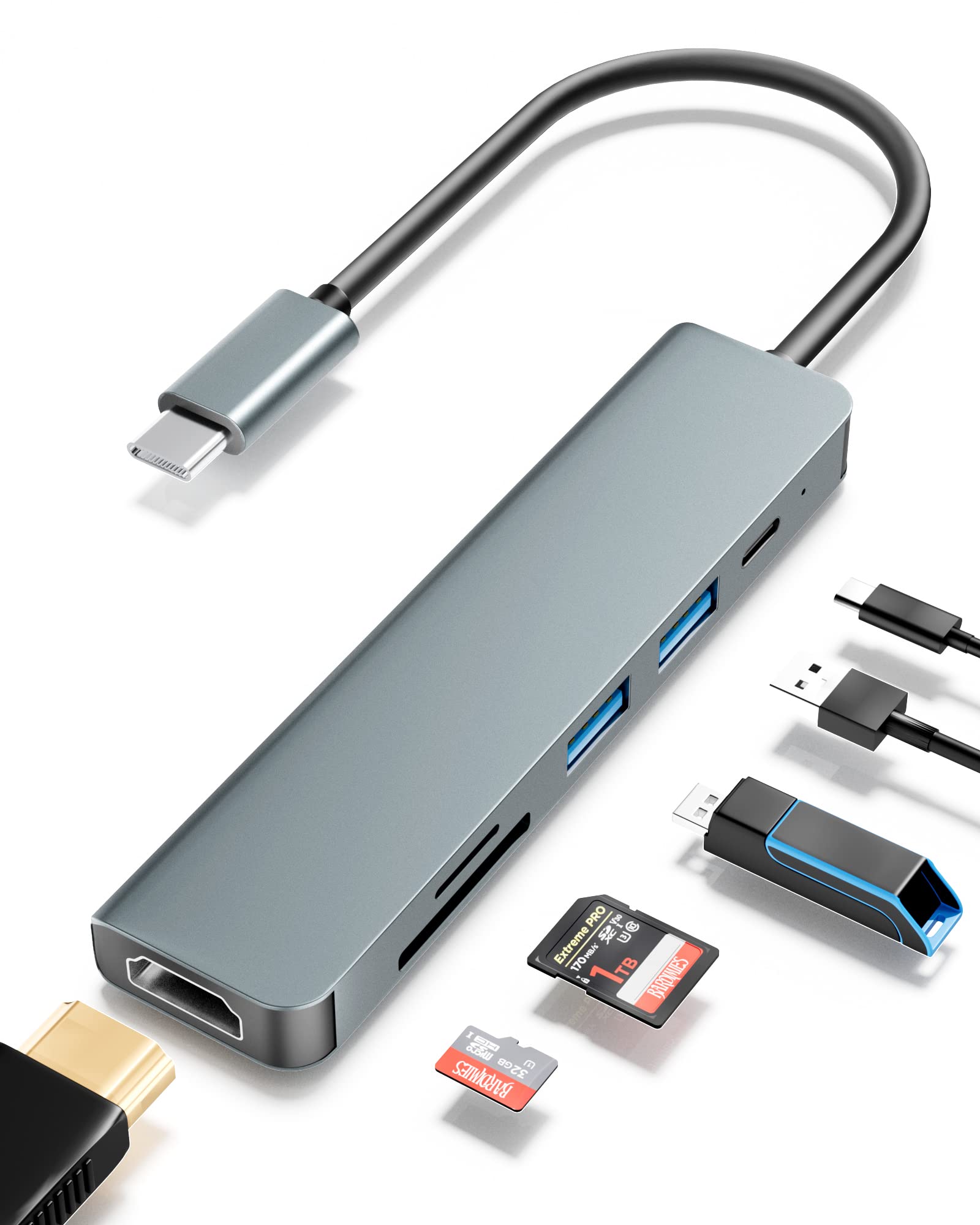 USB C HUB to HDMI, 6IN1 Docking Station for Android Phone and C Type Tablet PC MacBook Air/Pro，[ 2 USB3.0+ HDMI+PD+TF&SD Card Reader]