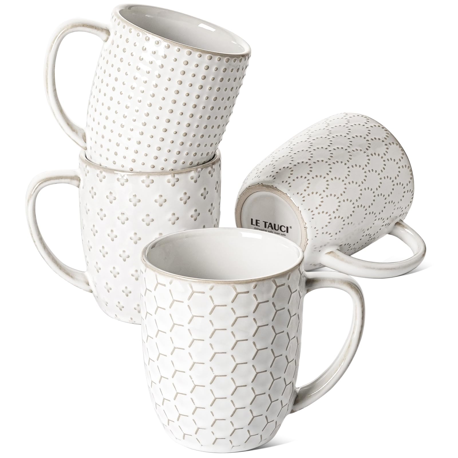 LE TAUCI Coffee Mugs 12 oz, Ceramic Mug Set, Embossment Cups for Latte, Hot Tea, Cappuccino, Mocha, Cocoa,Suit For Housewarming Wedding - 3.4 inch, Set of 4, Arctic White