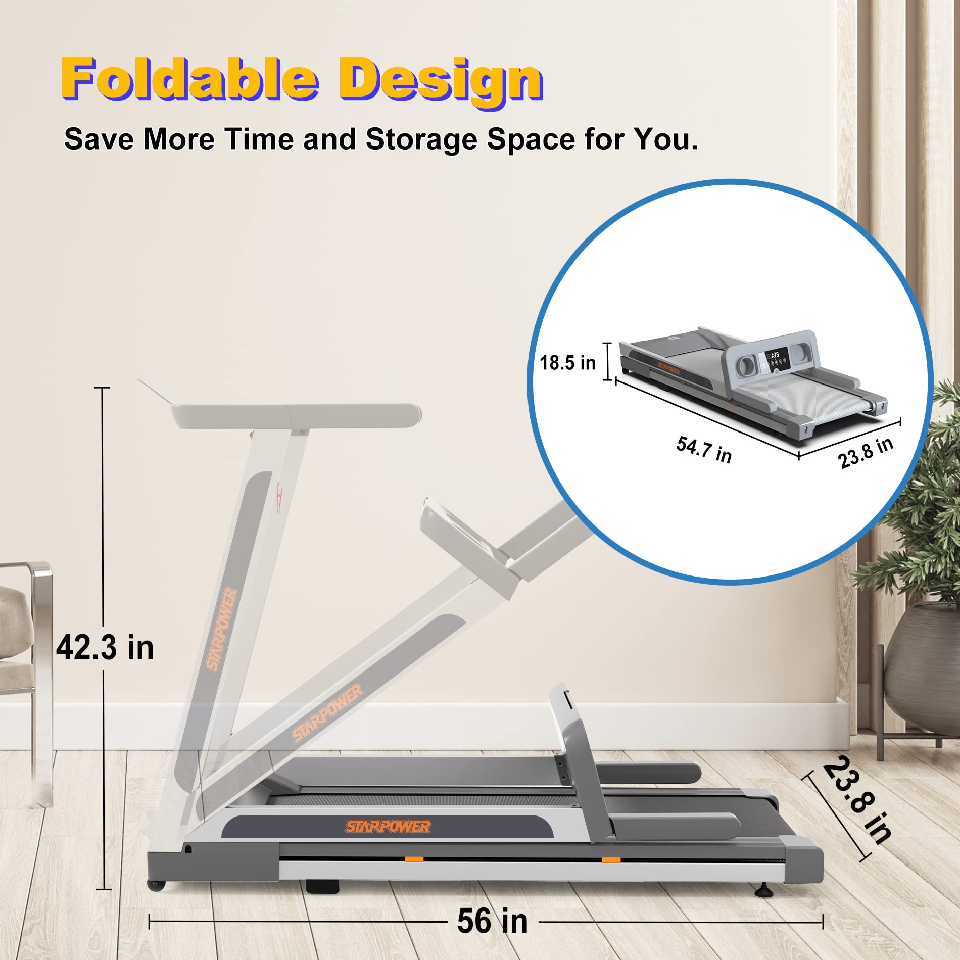 Smart Folding Treadmill with APP Band, Portable Treadmill with 300 lb Capacity, 3 HP Compact Treadmill Foldable (Orange-Gray)