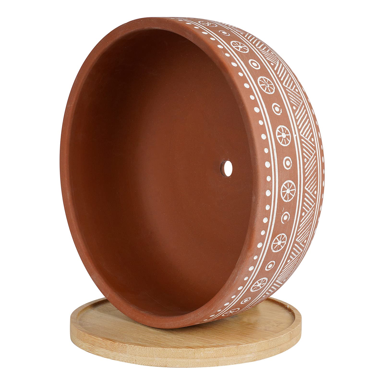 Thirtypot 8 Inch Terracotta Succulent Planter Pot with Drainage Hole and Bamboo Tray, Round Shallow Bonsai Pot for Indoor Plants