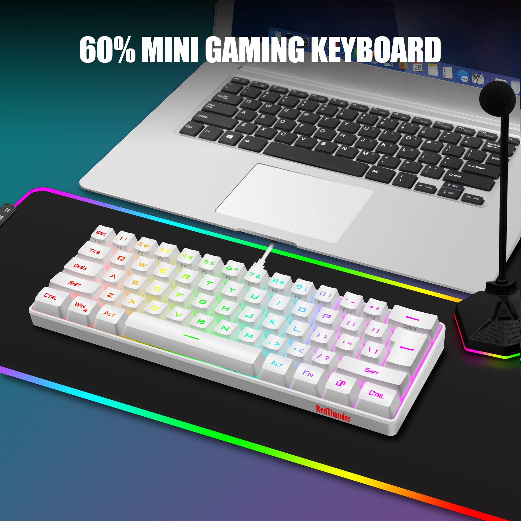 RedThunder 60% Gaming Keyboard, RGB Backlit Ultra-Compact Mini Keyboard, Quiet Ergonomic Water-Resistant Mechanical Feeling Keyboard for PC, MAC, PS4, Xbox ONE Gamer(White)