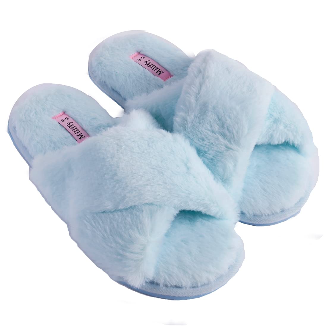 Millffy Women's Cross band slipper fuzzy fluffy slippers summer slip on house slippers (Women US 9-10, Cross Blue)