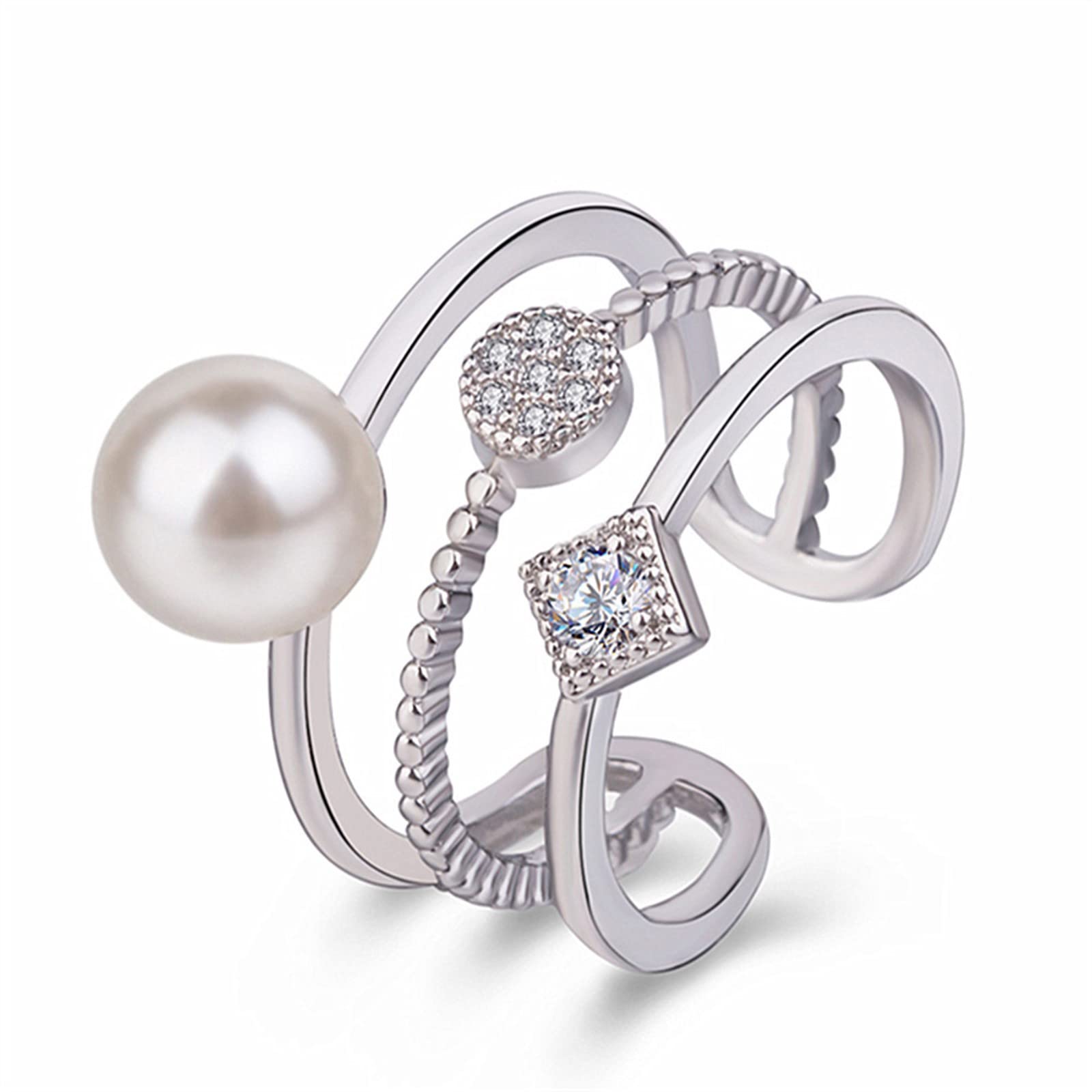 Outsta Toys Women Pearl Ring,925 Sterling Silver Cubic Zirconia Ring Opening One Size Wedding Rings Sliver Ring-114