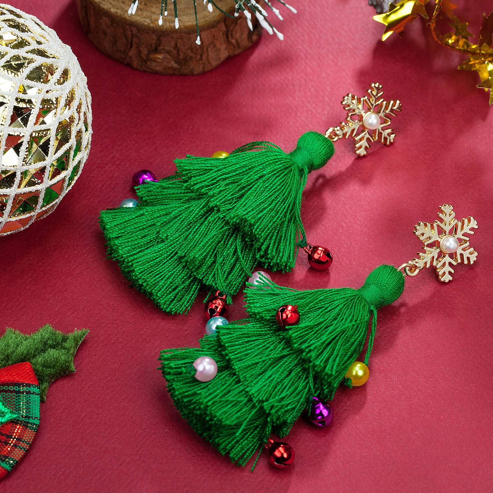 Lightweight Christmas Tree Tassel Beaded Earrings, Bohemian Dangle Drop Green Earrings, Twined with Colored Beads Earring for Women
