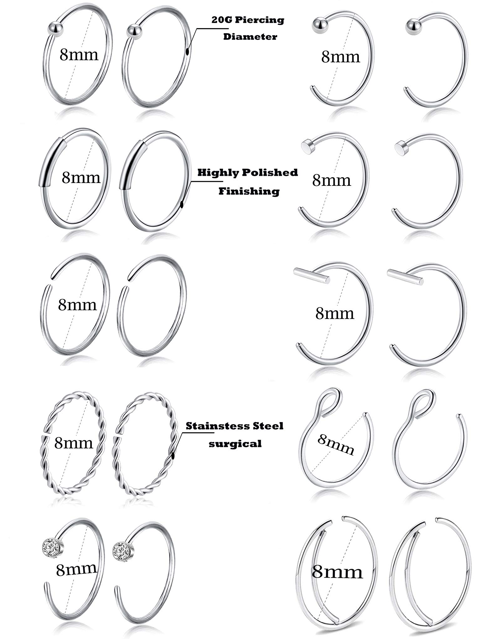 Ofeiyaa 38Pcs Stainless Steel Nose Rings Geometric Nose Studs Septum Ring Hoop Cartilage Stud Nose L & I Shape Body Piercing Jewelry for Women Silver Rose Gold Tone (A2:38pcs,S Silver Stone)