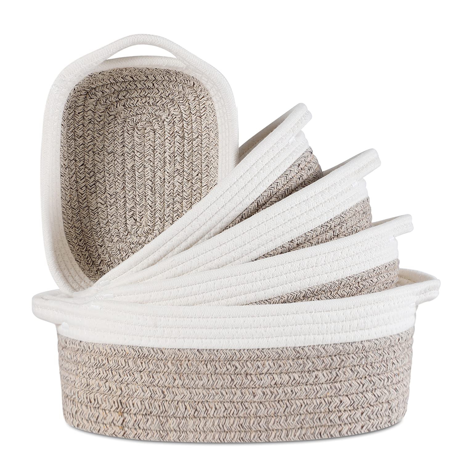 YONOVO 5 Pack Rectangle Storage Basket Set, Woven Cotton Rope Shelf Storage Basket with Leather Handles, Home Organizing laundry Bins Baby Nursery, Toy Baskets, Cat Toy Box, Bathroom