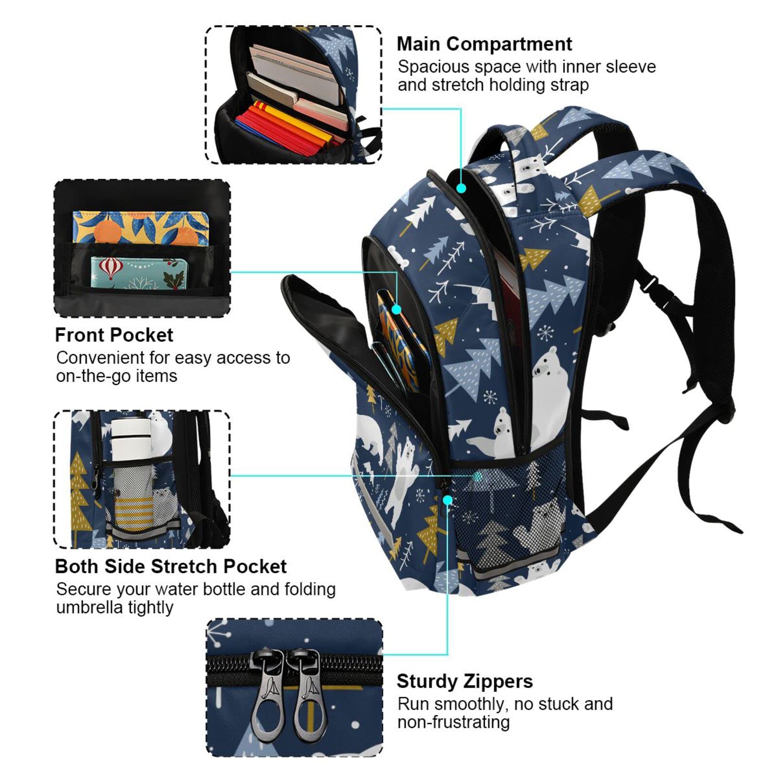 NFMILI Cartoon Polar Bear Kids Backpack Lightweight Middle School Elementary Bookbags for Boys Girls School Bag with Chest Strap 11.6 X 6.9 X 16.7 in