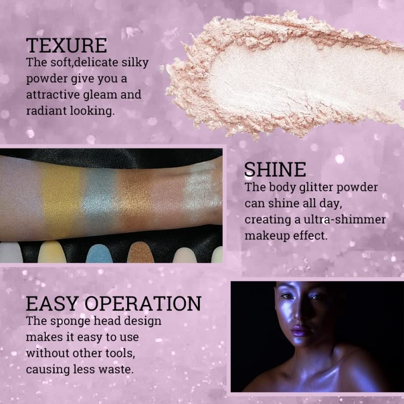 Polvo De Hadas Makeup Powder, Highlighter Powder Stick Body Shimmer Patting Powder Glitter High Gloss Sparkle Loose Brighten Face Body Lips Eyes Glow Cosmetic White Moonbeam (6 Colors Set)