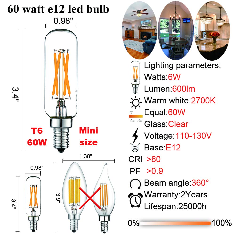 LiteHistory LED Bulb Dimmable 6W Equal Warm White 2700K T6 T25 E12 Candelabra Bulb 60 watt for Chandeliers,Ceiling Fan,Pendant,Wall sconces AC120V 600LM e12 Light Bulb 6Pack