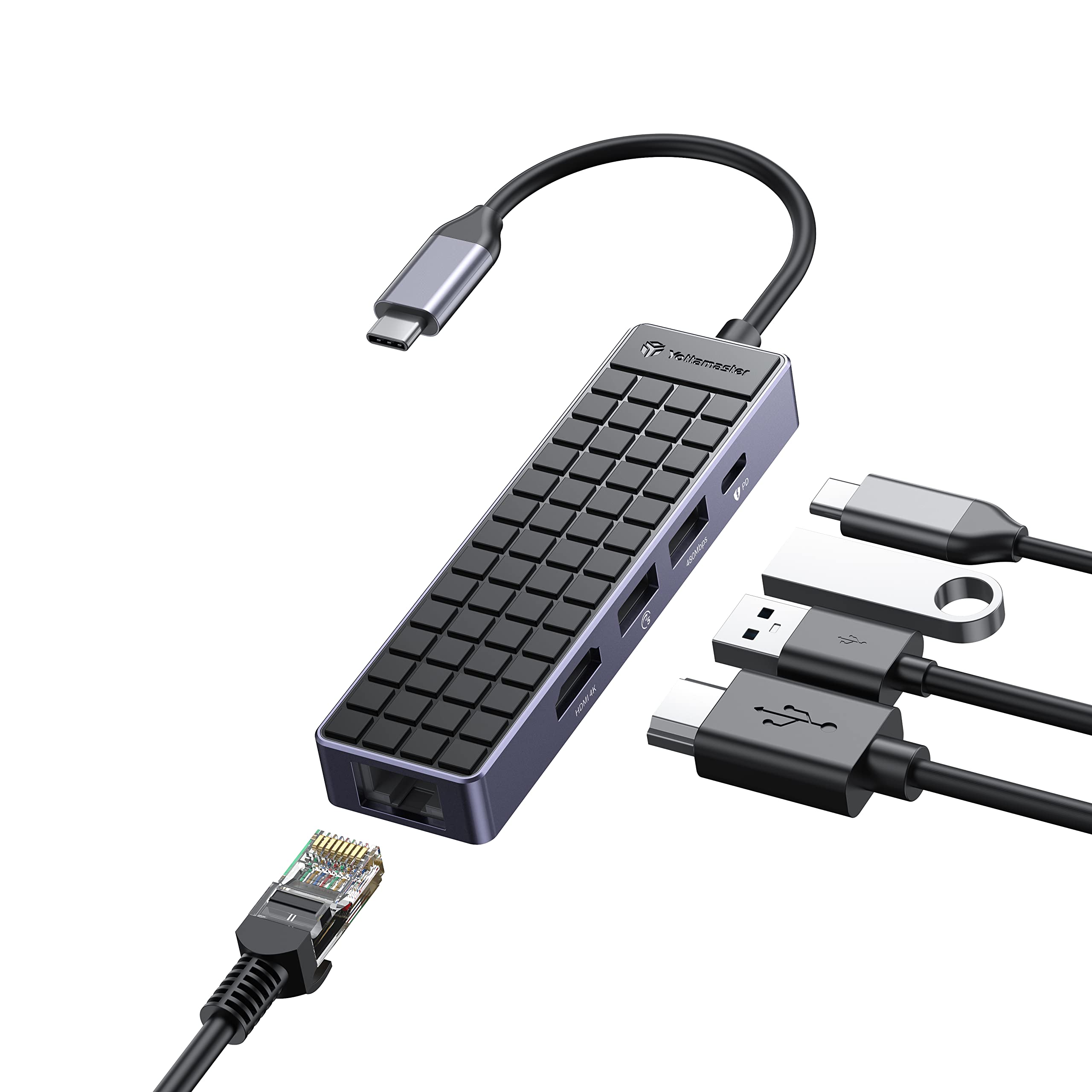 Yottamaster USB C Hub Ethernet, 5 in 1 USB C Hub Multiport Adapter with 4K HDMI, RJ45 Ethernet, USB3.0, 60W PD, Compatible with Type C Laptop Devices