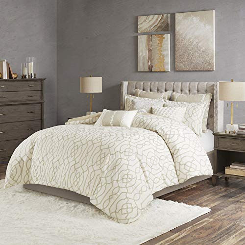 Madison Park Cozy Comforter Set-Luxurious Bedding Style Combo Filled Insert, Removable Duvet Cover. Matching Shams, Decorative Pillows, King(110"x96"), Geometric Neutral 9 Piece