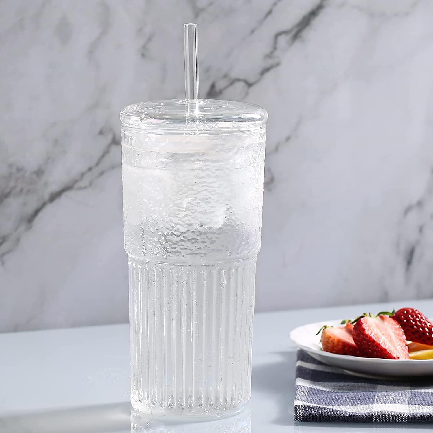 QWEZXO Glass Cups With Lids and Glass Straws,20 OZ High Borosilicate Glass Tumbler Iced Coffee Water Smoothie…