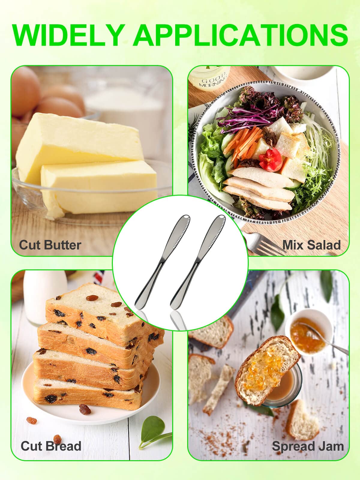 RIEOS 2 PCS Butter Spreader Knife, Stainless Steel Multi-Function Butter Knives, Black Curler with Holes & Serrated Edge, 3- in- 1 Kitchen Gadgets for Cold Butter, Bread, and Jams