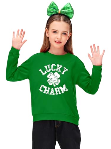 Remimi St Patrick's Day Girls Sweatshirt Boys Green Irish Clover Shirts Long Sleeve Casual Spring Lucky Charm Pullover Tops 11-12 Years