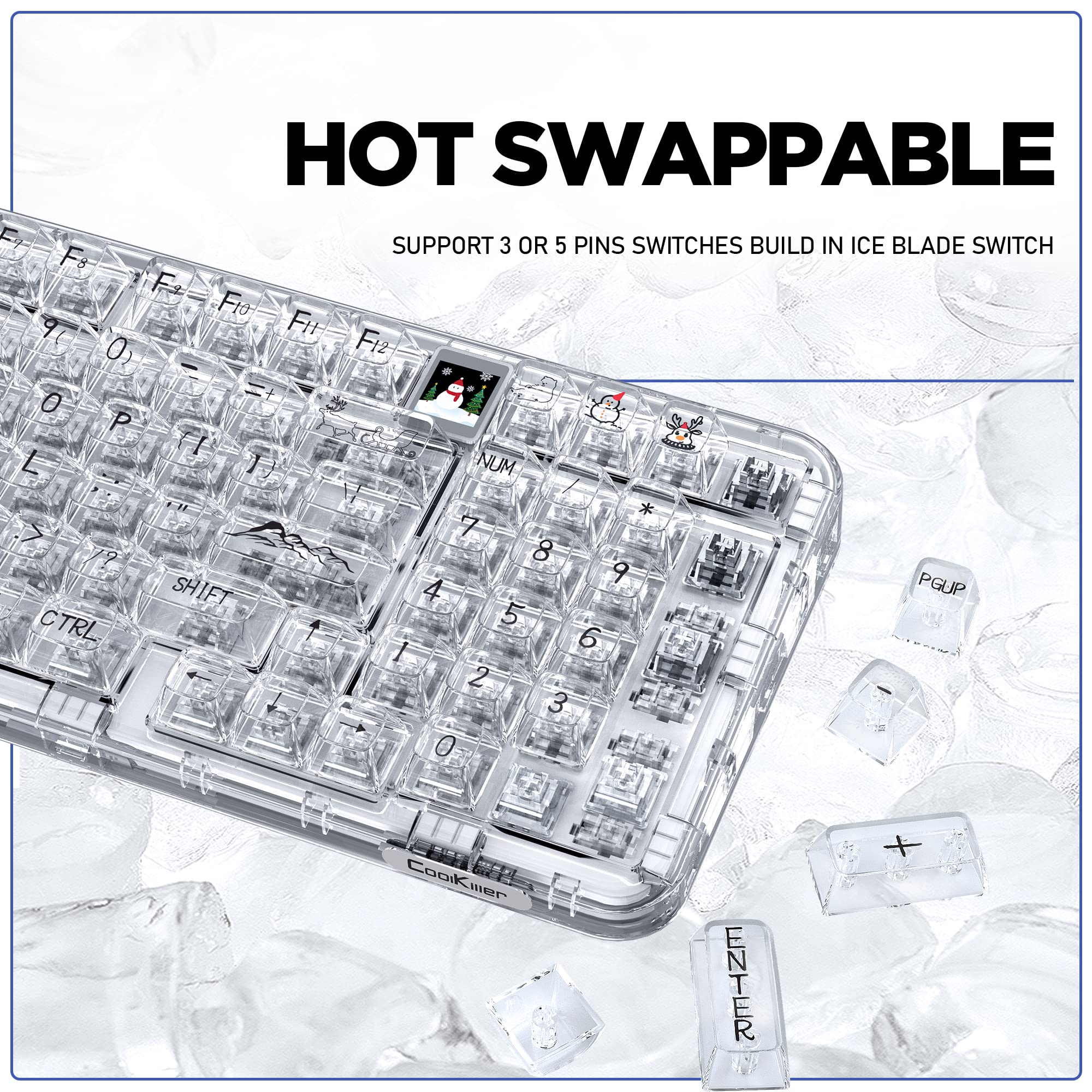 YUNZII CK98 Wireless Hot Swappable Mechanical Keyboard with OLED, 1800 Layout Transparent Acrylic Gasket Mounted Keyboard for for Windows/Mac (Ice Blade Switch, White)