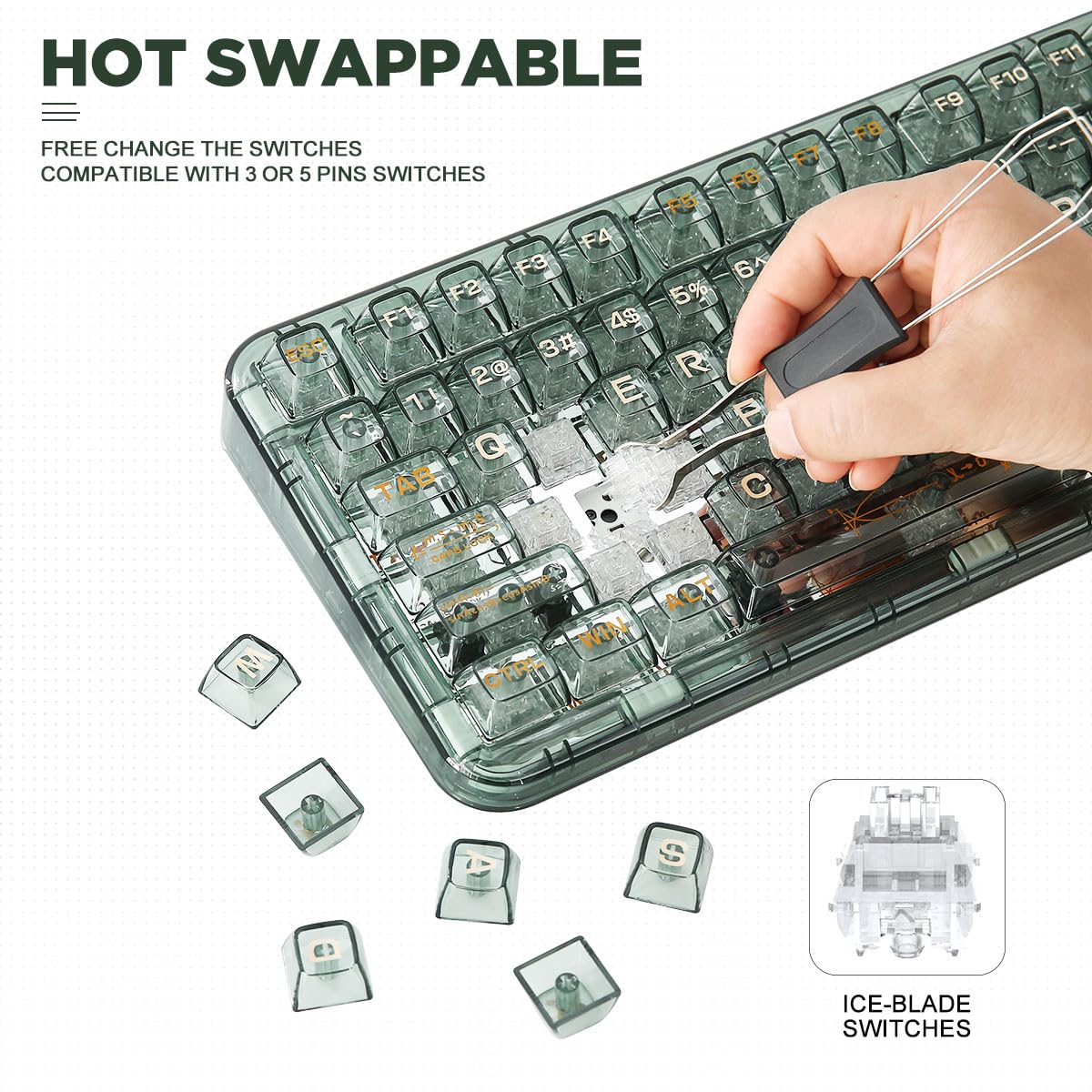 YUNZII CK98 Wireless Hot Swappable Mechanical Keyboard with OLED, 1800 Layout Transparent Acrylic Gasket Mounted Keyboard for for Windows/Mac (Ice Blade Switch, Math and Metal Box)