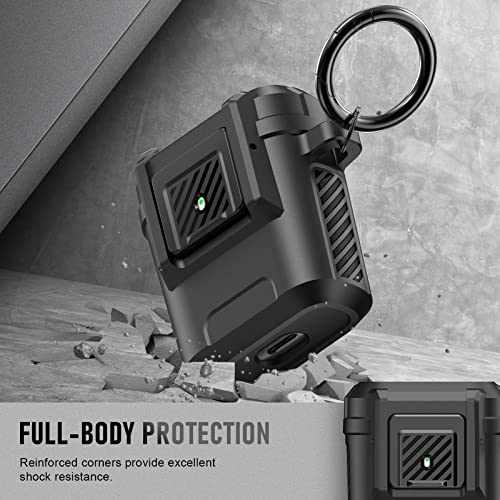 Youtec Compatible with Airpods 2&1 Case Cover with Cleaner Kit, Military Hard Shockproof Airpods Case Cover Protective Case with Automatic Secure Lock & Keychain(10 in 1) (Black-1)