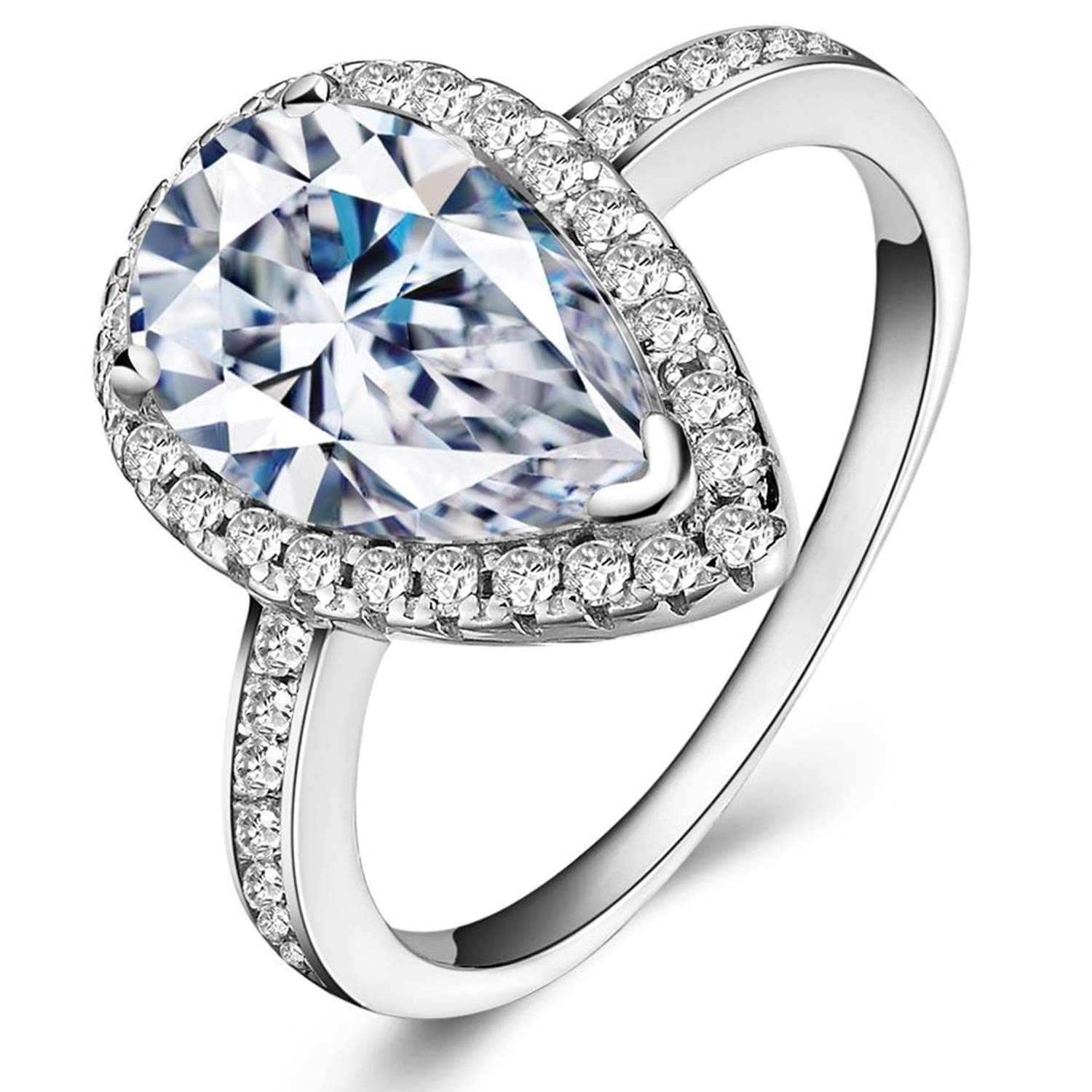 LEMON GRASS 3 Ct Pear Shaped Cubic Zirconia Solitaire Engagement Ring Pave Thin Band in Sterling Silver Size 6