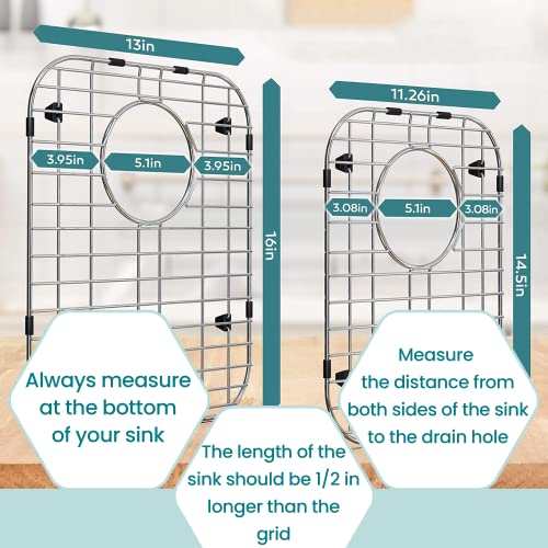 Wexbi Kitchen Sink Protectors for Double Kitchen Sink, Stainless Steel Sink Grid, Set of Two Metal Sink Protector Mat 16 x 13 in, 14.5 x 11.26 in, Grid Sink Bottom Protector with Rear Drain