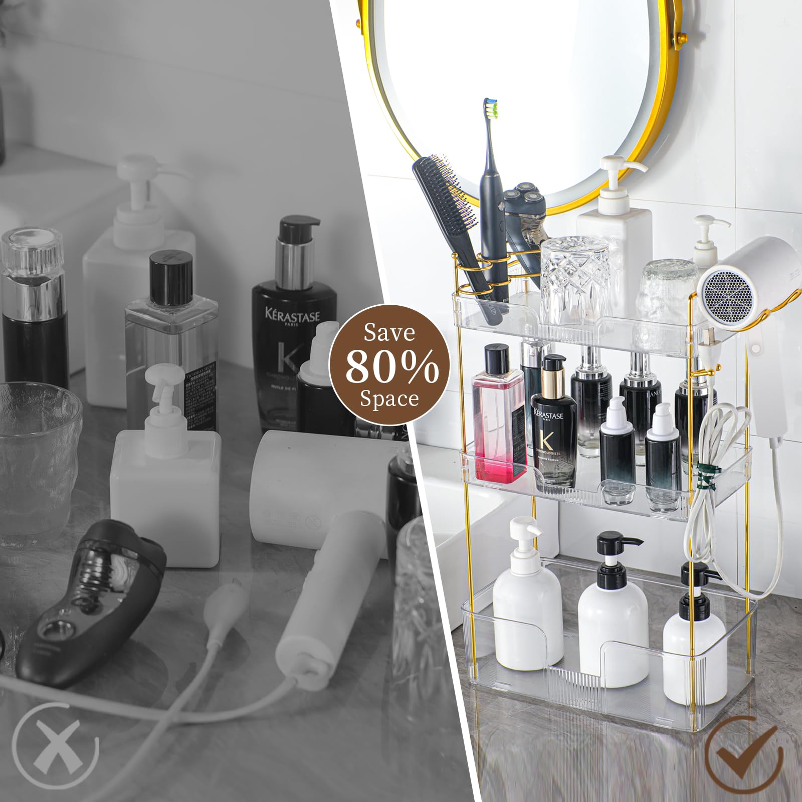 YCIA&DONE Luxury Bathroom Counter Organizer, Large Makeup Organizer Countertop, Shelf Organizer, Vanity Tray, Easily Assemble for Bathroom Organizers and Storage, Undersink, Cabinet, 2 Tiers Clear