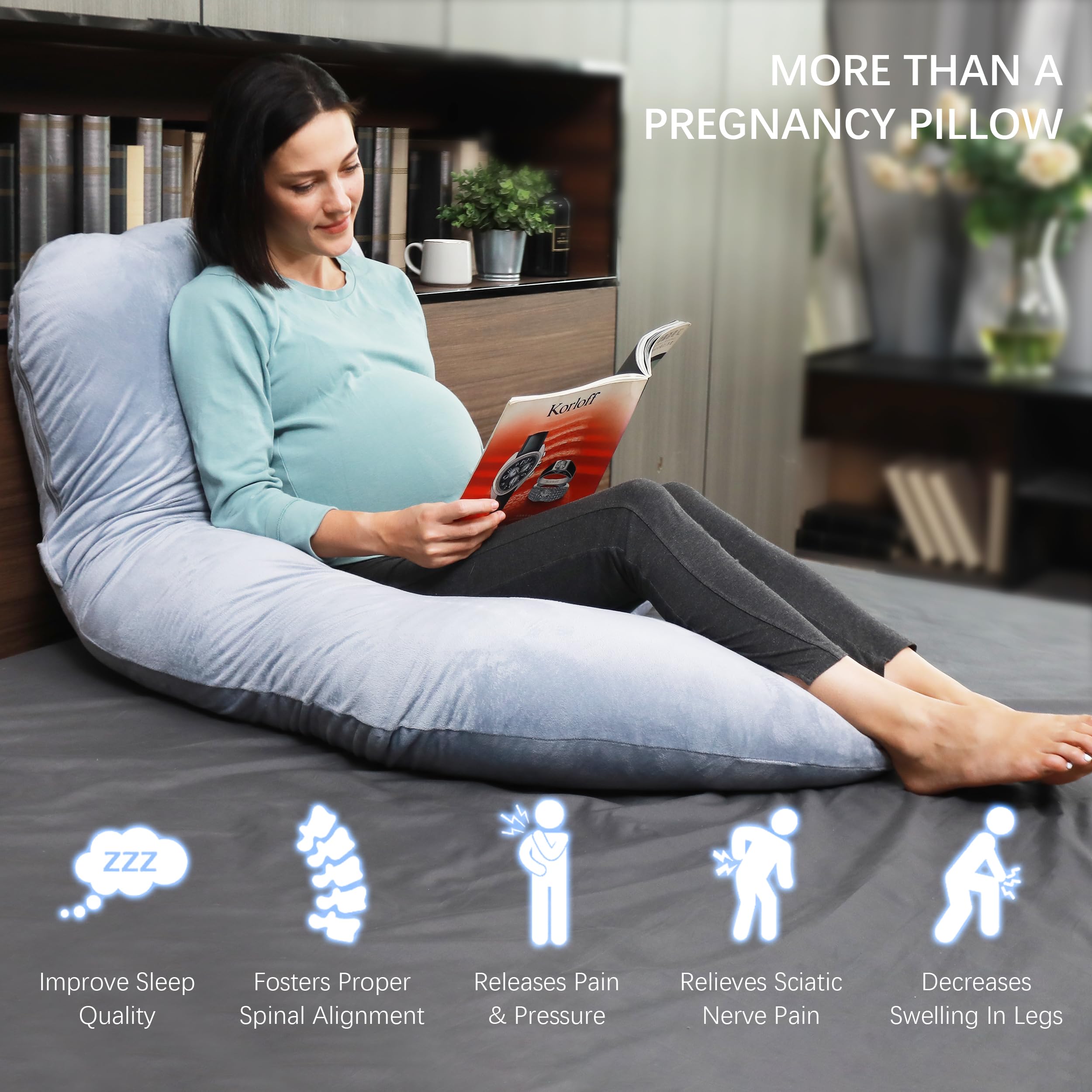 MOON PARK Pregnancy Pillows for Sleeping - U Shaped Full Body Maternity Pillow with Removable Cover - Support for Back, Legs, Belly, HIPS - Grey