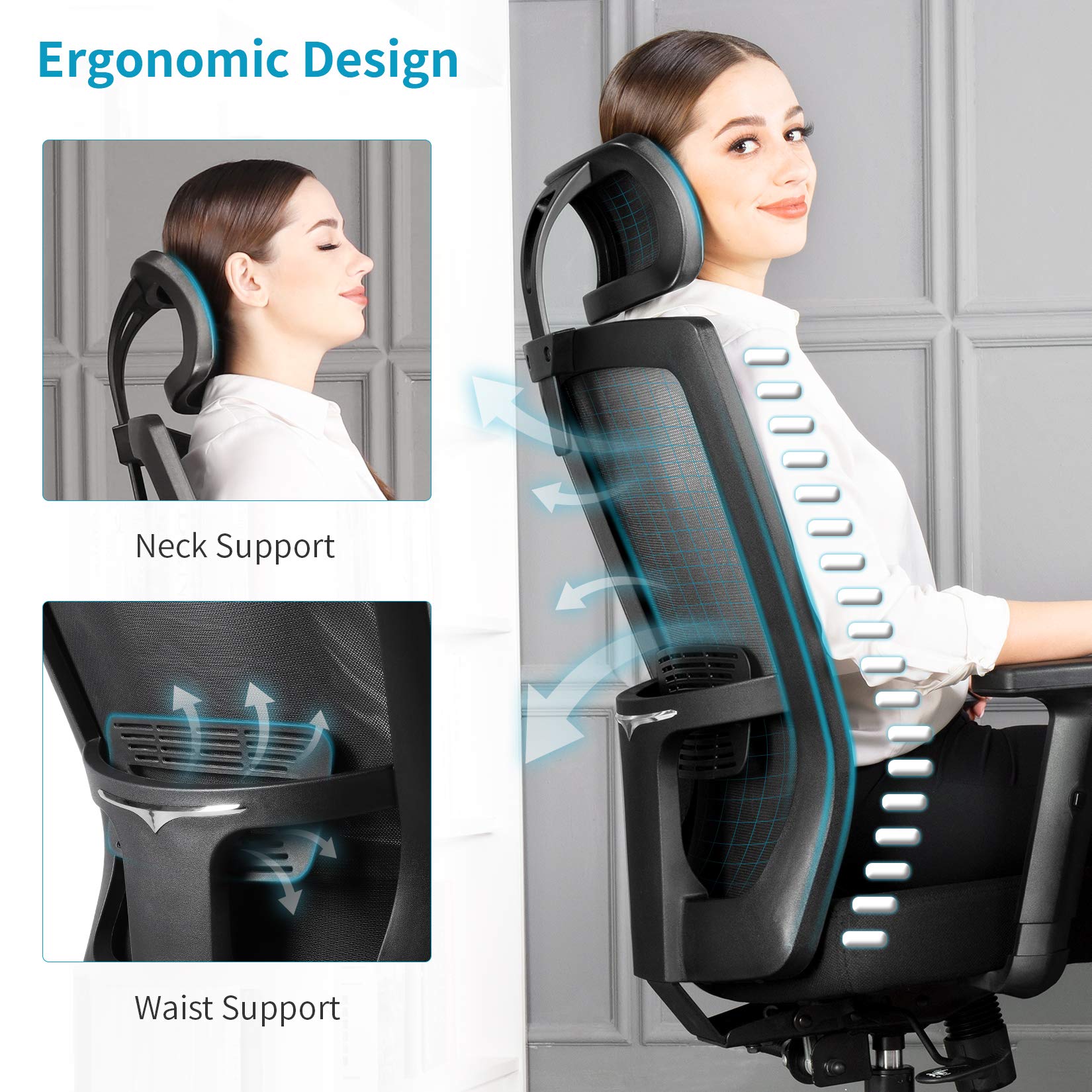 mfavour Ergonomic Office Chair with Lumbar Support Ergonomic Desk Chair Adjustbale Headrest and Armrest Thick Seat Cushion 135°Reclining & Rocking Computer Chair with Wheels for Home Office