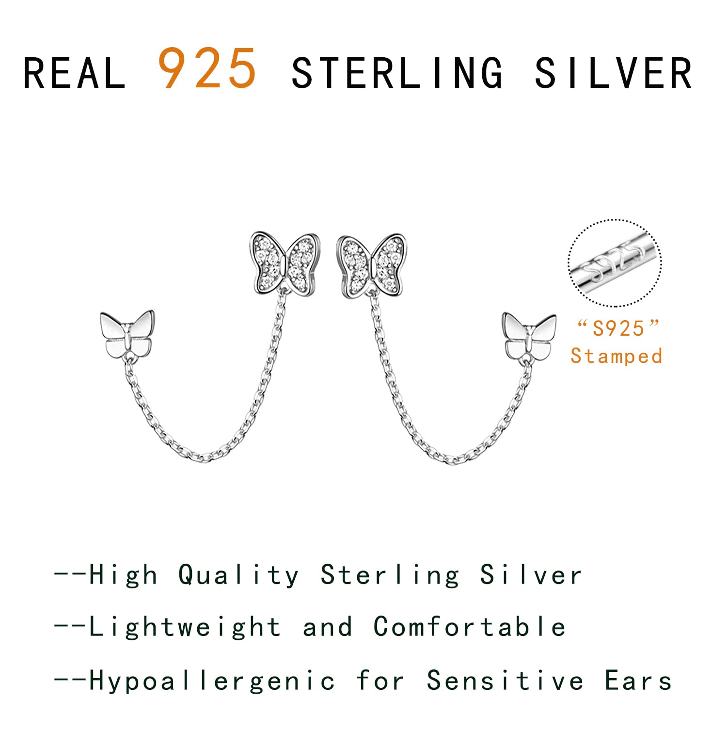 Reffeer 925 Sterling Silver Double Holes CZ Butterfly Chain Stud Earrings Two Butterfly Cuff Climber Earrings for Women Teen (Silver)