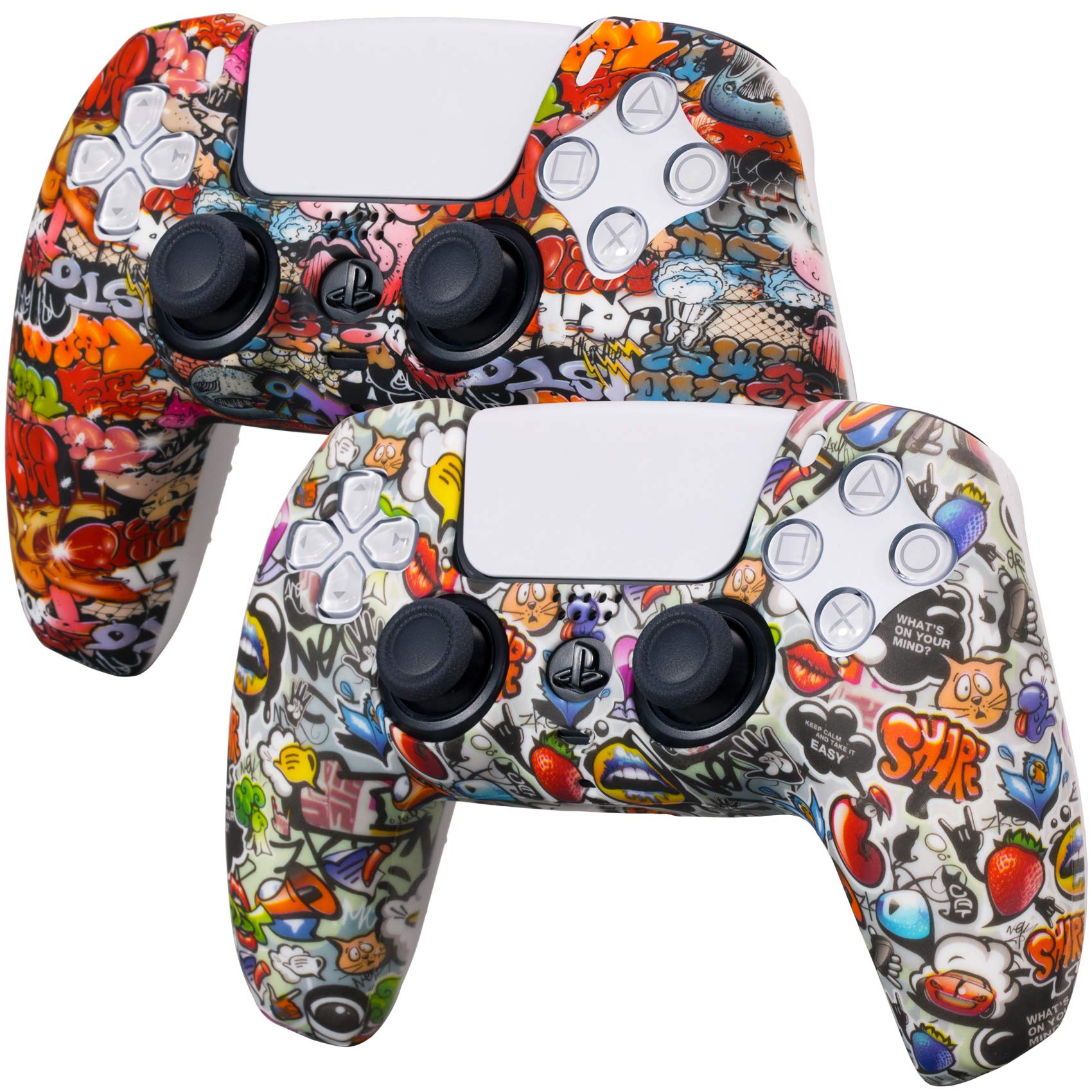 MXRC Silicone Rubber Cover Skin case Anti-Slip Transfer Printing Customize Camouflage for PS5 Dualsense Controller x 2(Street Art Pack) + FPS PRO Extra Height Thumb Grips x 8