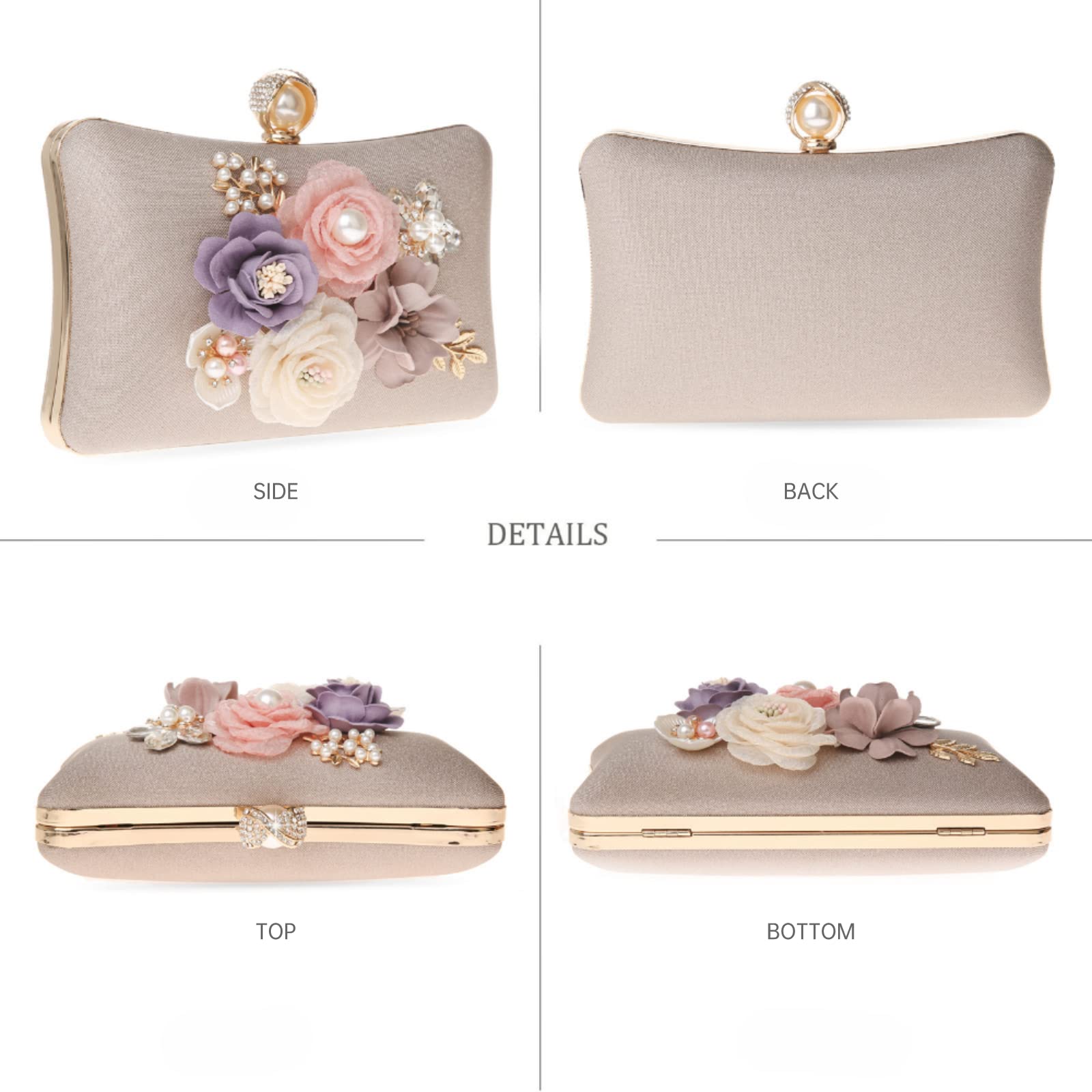 Rkrouco Women's Flower Evening Clutch Bag - Multicolor Flower Handbag with Satin-Gold.