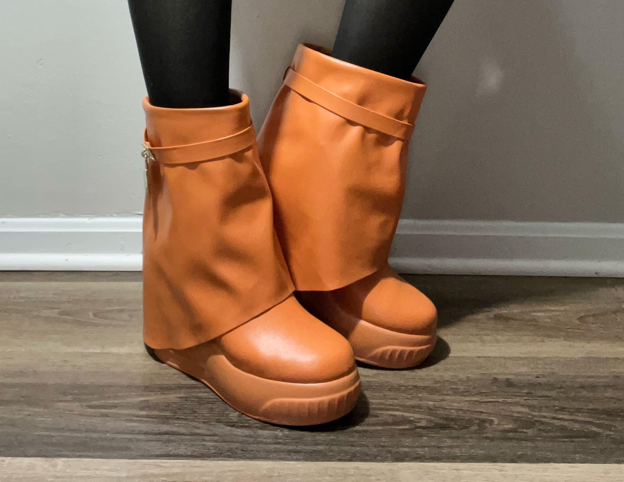 Liliana Women Round Toe Wedge Heel Fold Over Mid-calf Boots Brook-1 Orange Pu 8.5