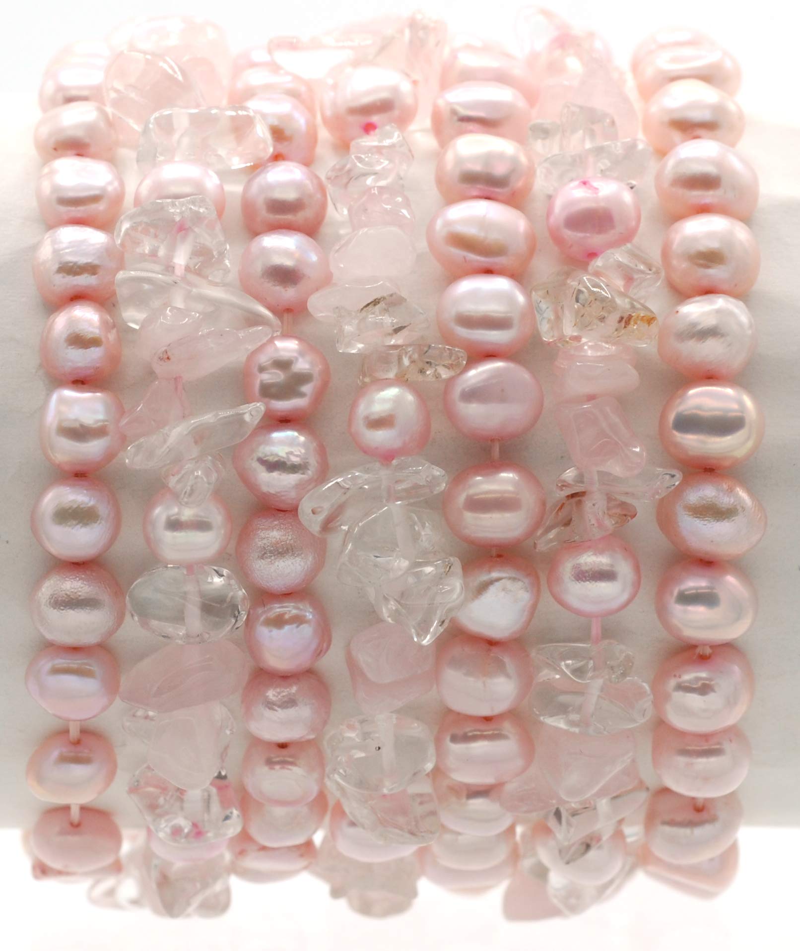 LTC Designs Set of 7 Dyed Pink Cultured Freshwater Baroque (5.5-6mm) Pearl and Rose/Crystal Quartz Stretch Bracelets, 7.5" for Women