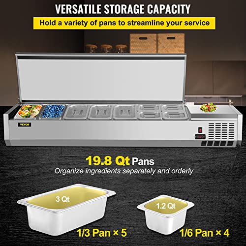 VEVOR Refrigerated Condiment Prep Station, 71-Inch, 19.8Qt Sandwich/Salad Prep Table with 5 1/3 Pans & 4 1/6 Pans, 150W Salad Bar with 304 Stainless Body and Cover Temp Adjuster One-Click Defrosting