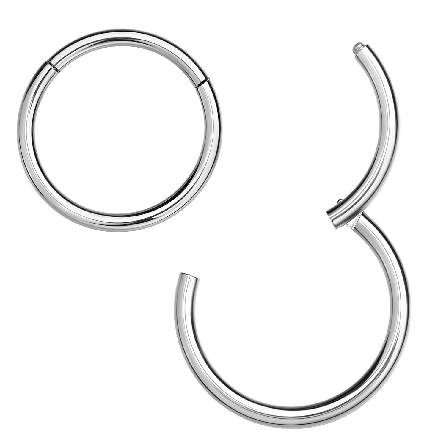MissNity 316L Surgical Steel Hinged Nose Rings Hoop 18G 18 Guage Clicker Segment Nose Hoop, Silver, 8mm