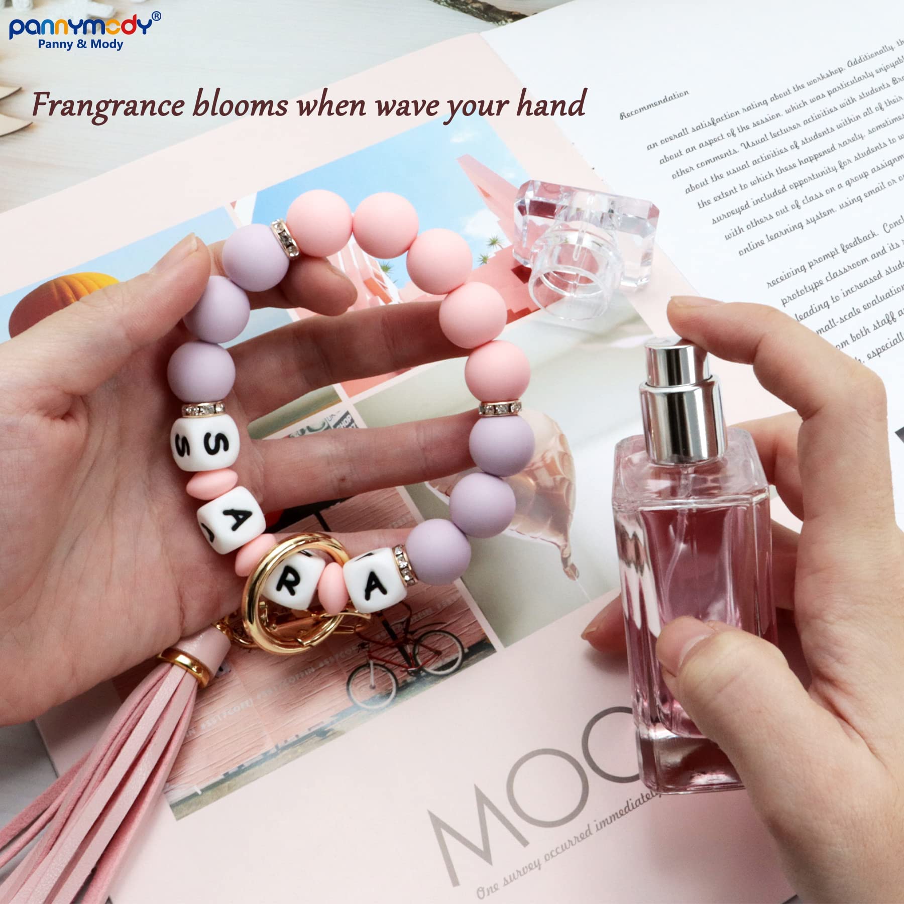 Panny&Mody Silicone Beaded Bracelet Keychain Wristlet,Personalized Keychain Wristlet Key Ring Holder with Zircon Leather Tassel(Pearl+White)