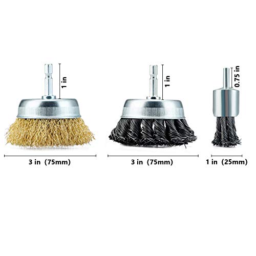 TILAX 3 Inch Wire Cup Brush End Brush Set 3 Piece, Wire Brush for Drill 1/4 Inch Hex Shank Arbor 0.012" Brass Coated Crimped and 0.019" Carbon Steel Knotted Wire Brush, for Drill Attachment
