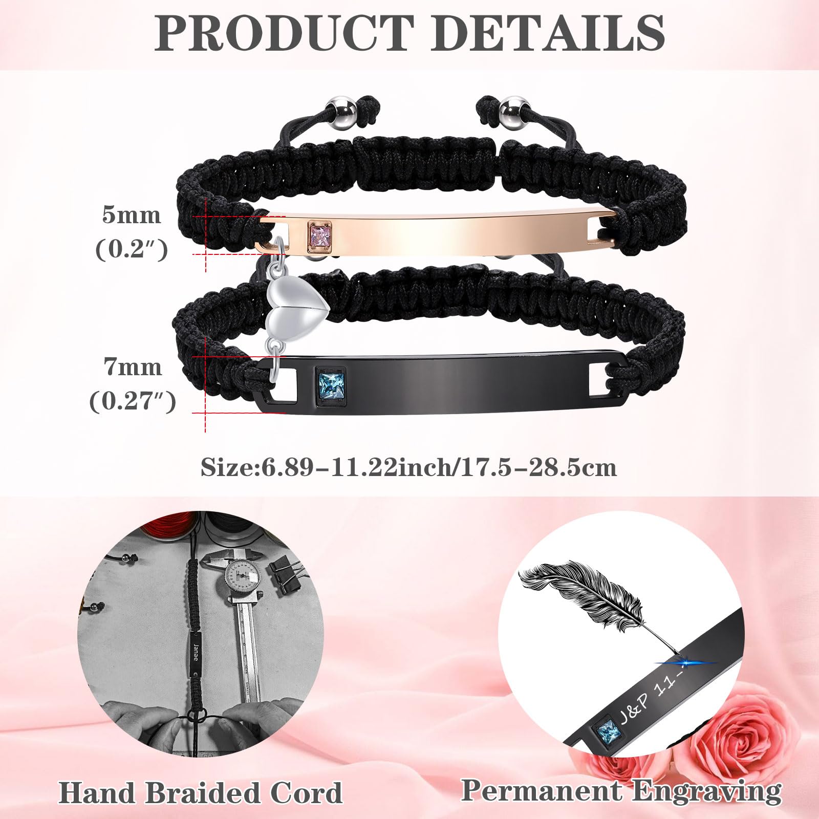 Personalized Custom His and Hers Handmade Rope Braided Nameplate ID Matching Couple Bracelets for Lover (Black-rosegolden-black 5-7mm couple customize-heart)