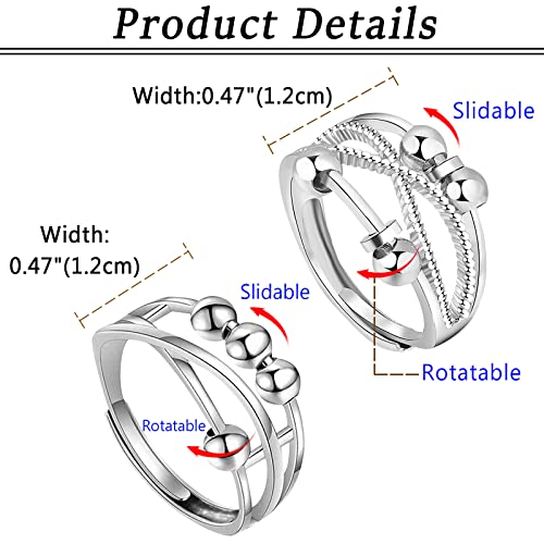 Rofusn 2PCS Fidget Beads Ring Spinner Rings for Women, Adjustable Spinner Anxiety Relief Rings Jewelry Set Fit 6-10 Ring Size