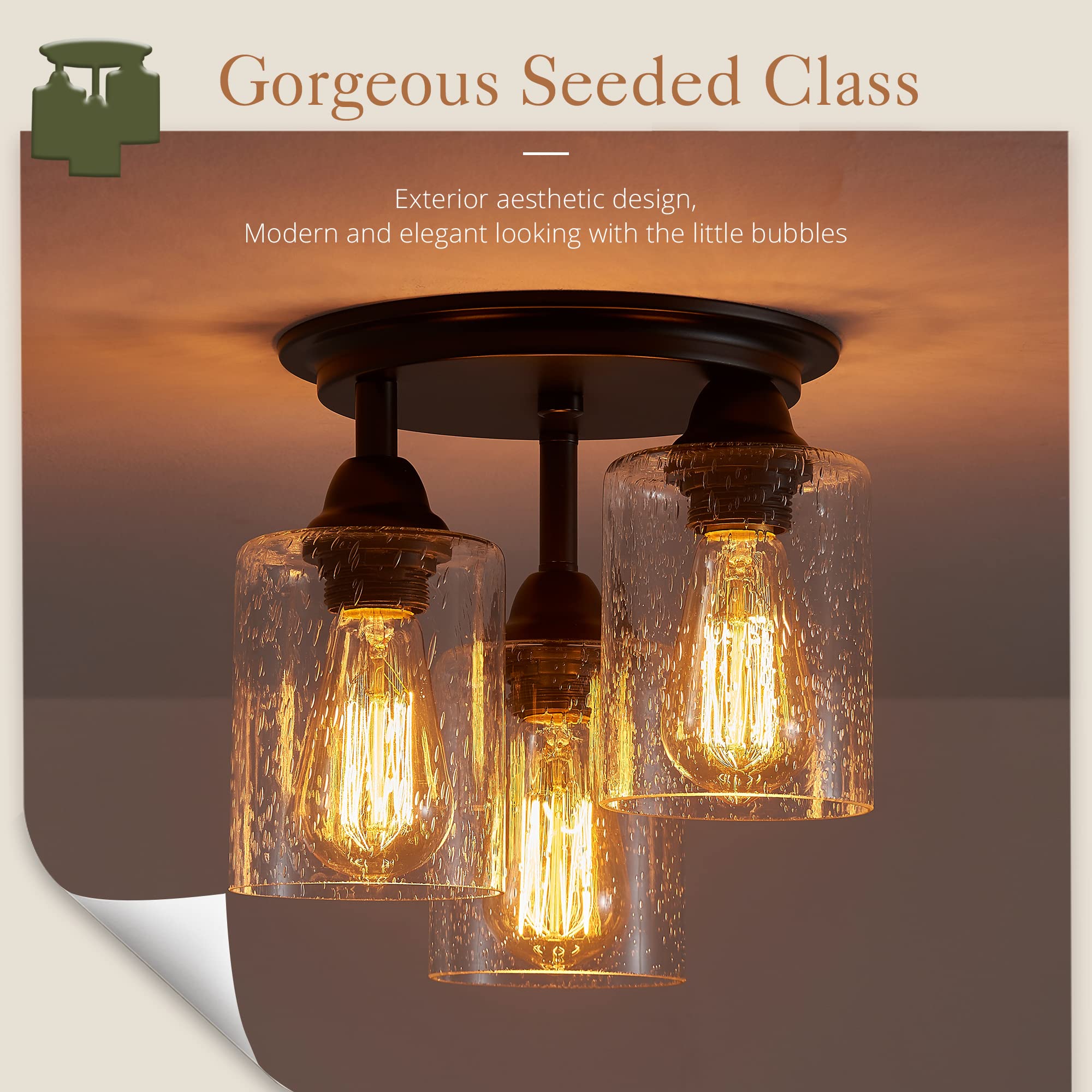 LEDIARY Semi Flush Mount Ceiling Light Fixtures, 3-Light Industrial Black Light Fixtures Ceiling Mount, Kitchen Light Fixtures with Clear Seeded Glass Shades for Hallway, Entryway, Bedroom