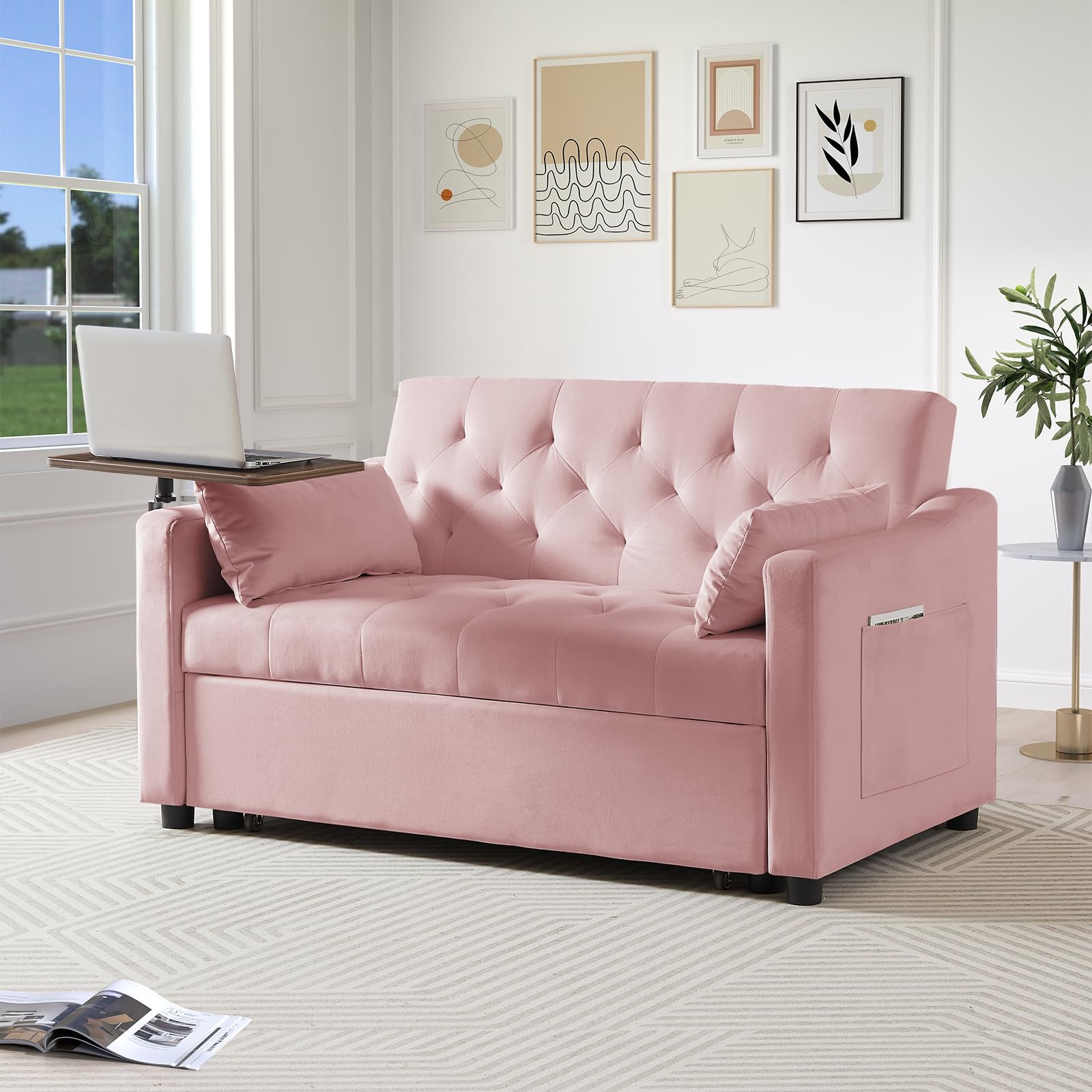 Yafylly 3 in 1 Convertible Sofa Bed, 3-Level Adjustable Backrest Loveseat Sleeper, Small Pull Out Couch with 360° Rotating Side Table for Living Room, Apartment, Bedroom, Office
