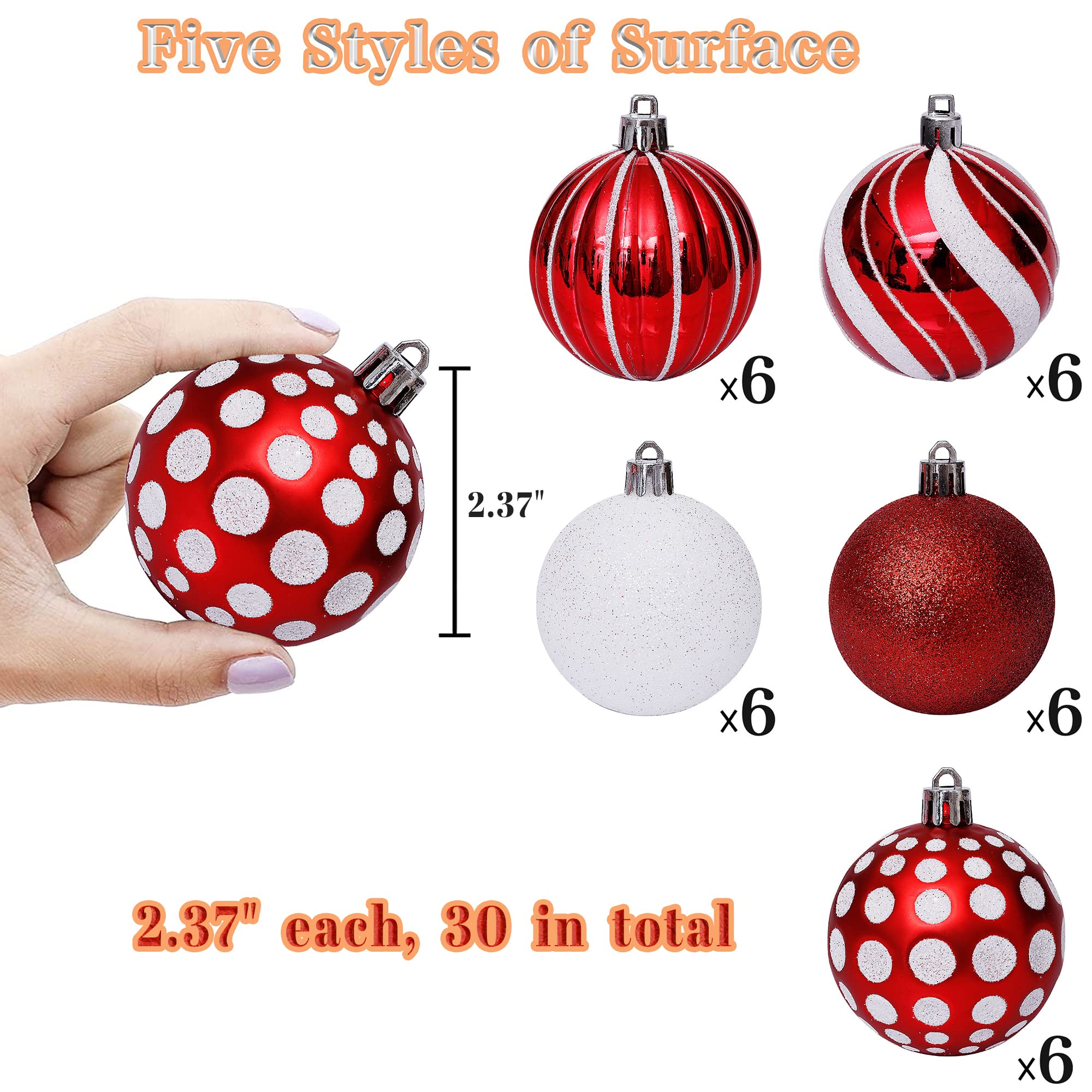 LessMo 30Pcs Red Green White Christmas Balls Ornaments for Christmas Tree, 6cm/2.37" Shatterproof Plastic Hanging Decorations Balls Baubles Set for Holiday Wedding Party Decor