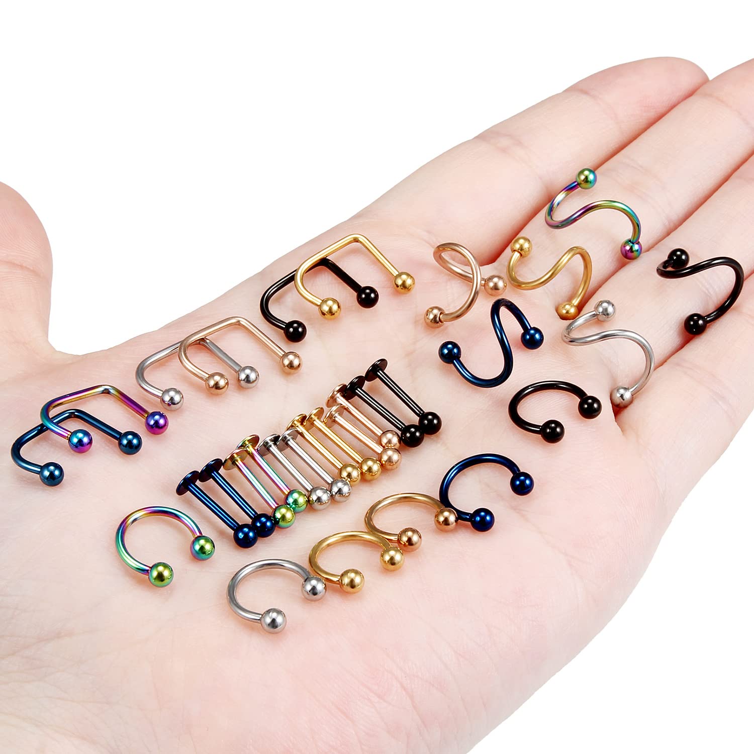 Ovxznts 30Pcs Assorted Design 16g Lip Rings Studs Medusa Piercing Jewelry Surgical Steel Monroe Labret Studs Tragus Earrings Hoop Horseshoe Septum Ring Twist Helix Daith Cartilage Piercings 8mm