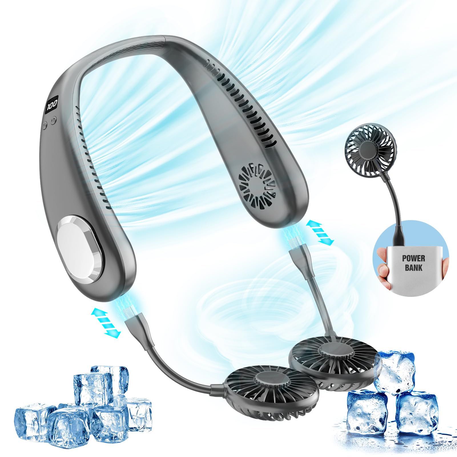 TFNN Portable Neck Fan, 9000mAh Hand Free Neck Fan, Neck Fan Air Conditioner, Bladeless Cooling Personal Neck Fan with 4 Air Outlet 3 speed for Travel, Camping, Yard Work, White