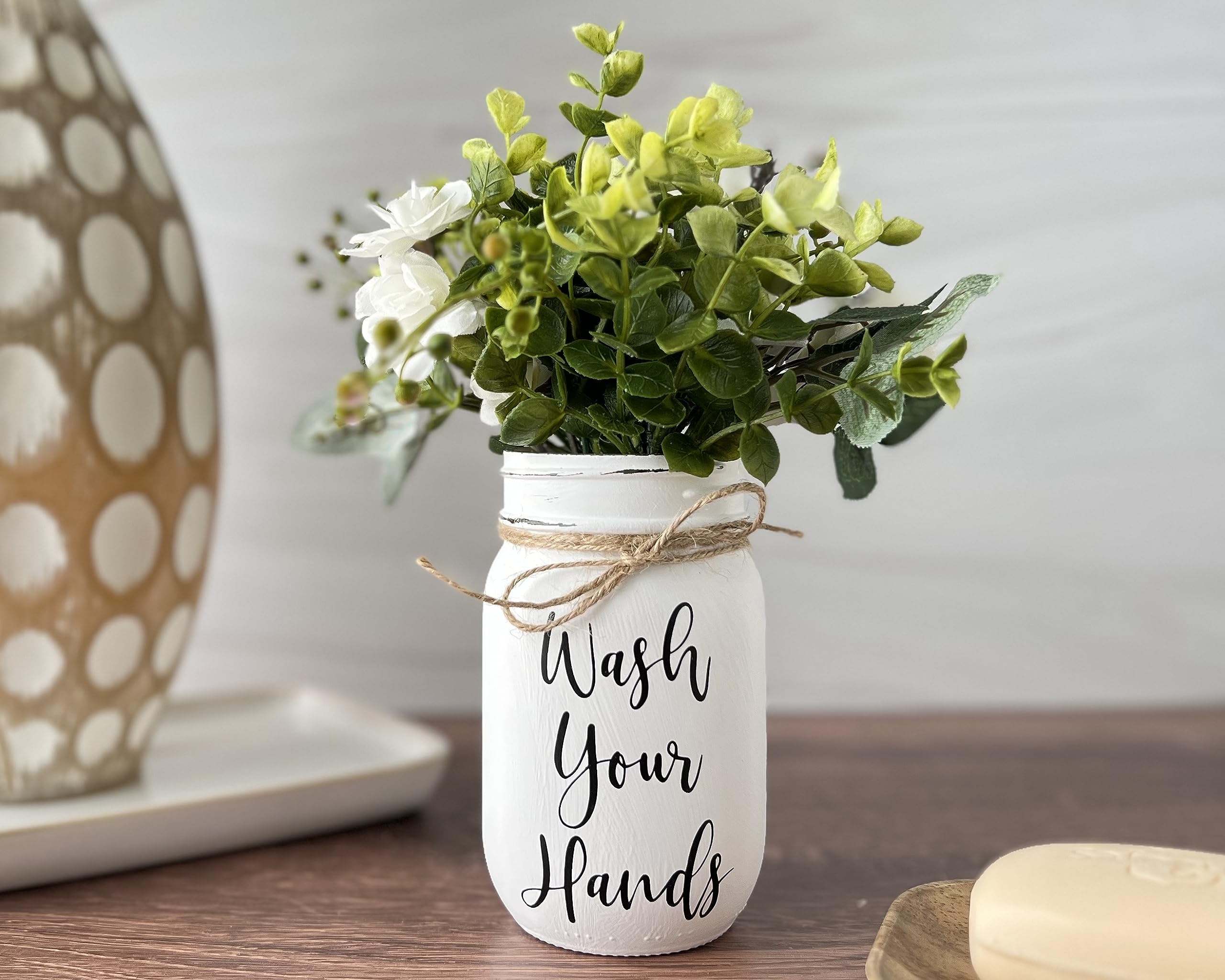 Wash Your Hands Mason Jar, Hand Painted and Distressed Mason Jar Decor, Pint 16 oz. Regular Mouth White Mason Jar, Artificial Flower Arrangement, Rustic Farmhouse Mason Jar Bathroom Decor for Shelf