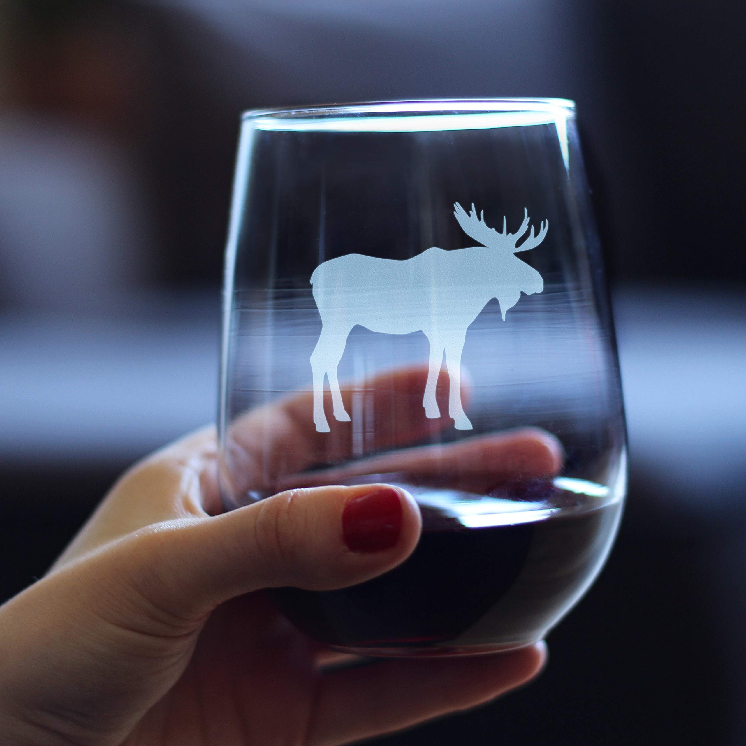Moose Silhouette - Stemless Wine Glass - Cabin Themed Gifts or Rustic Decor - Large 17 Ounce