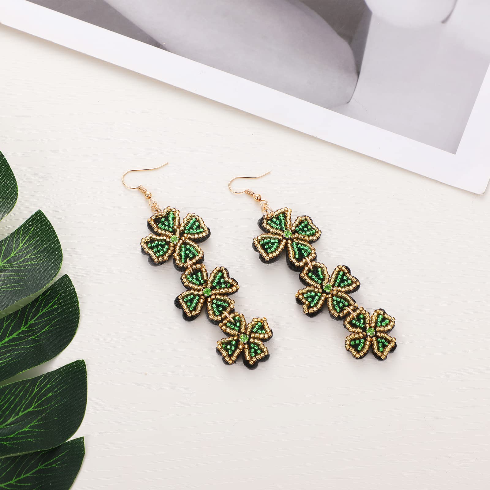 St. Patrick's Day Earrings Tassels Beaded Green Leaf Earring for Women Handmade Lucky Shamrock Hat Drop Dangle Earrings Irish Holiday Jewelry Gift